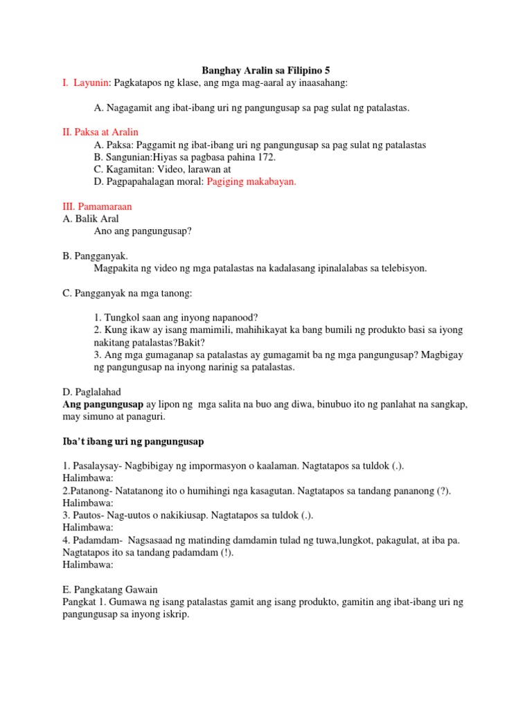 Banghay Aralin Sa Filipino 5 | PDF
