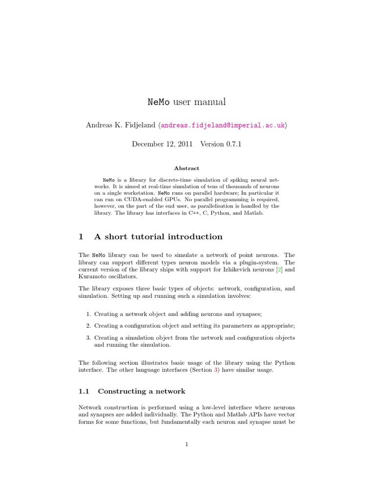 Nemo User Manual: 1 A Short Tutorial Introduction | PDF | Chemical Synapse | Application ...