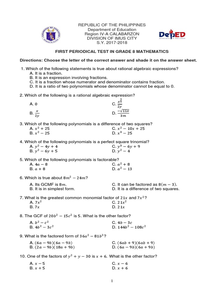 Grade 8 Math Test Rational Expressions Factoring Polynomials | PDF ...