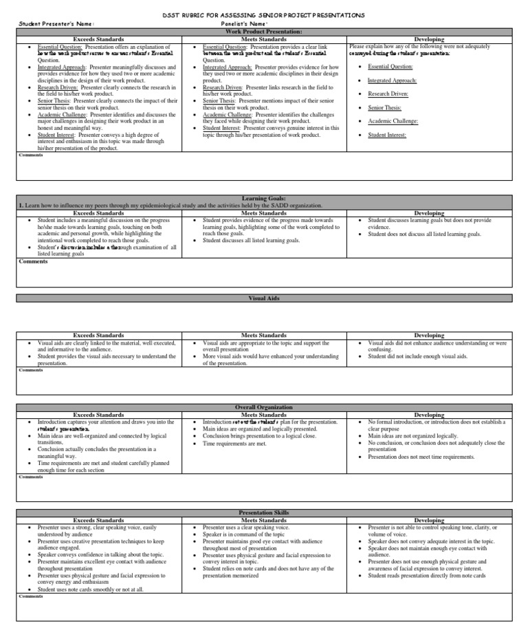 DSST Rubric For Assessing Senior Project Presentations Student ...