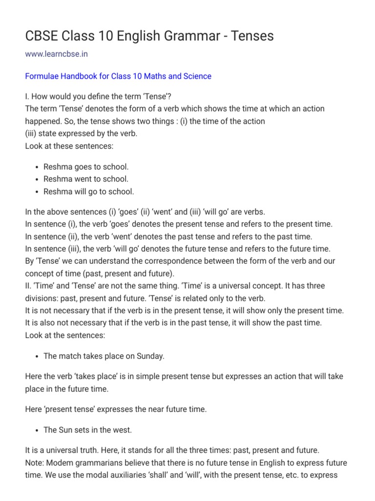10 English Grammar - Tenses - Learn CBSE | PDF | Grammatical Tense ...