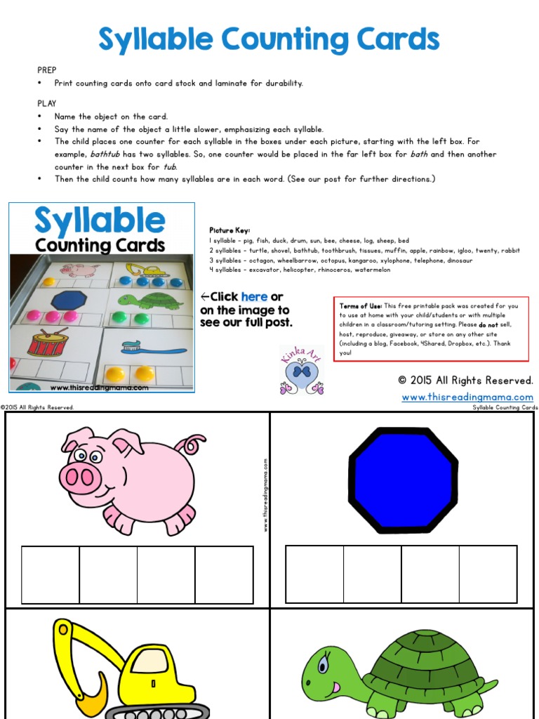 Syllable Counting Cards: Bathtub Bath Tub | PDF