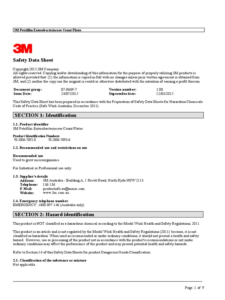 SDS Petrifilm EB 3M | PDF | Dangerous Goods | Toxicity