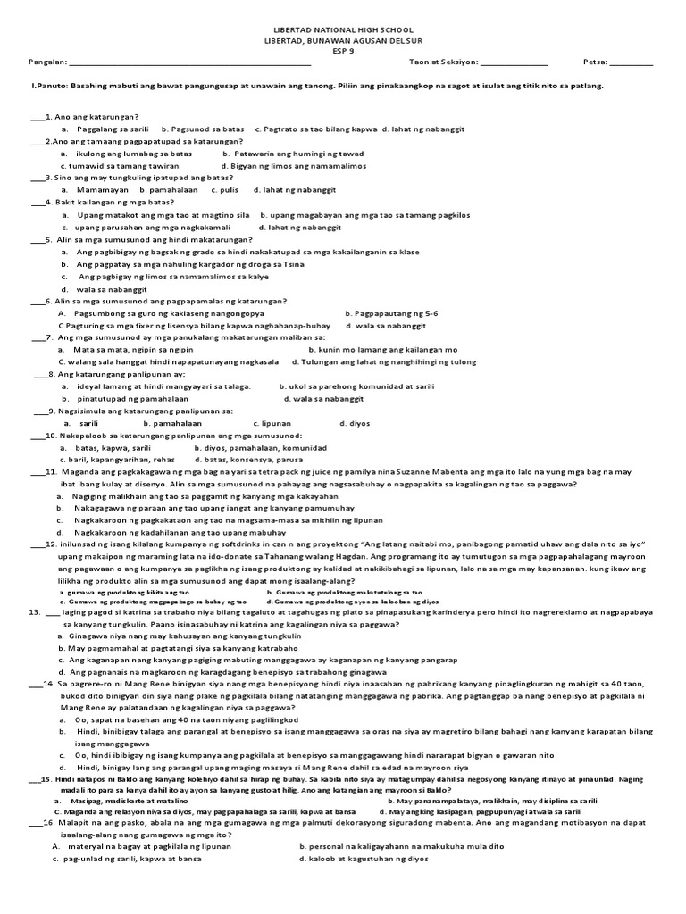 Esp 9 3rd Quarter Exam Sy 2016 2017docx | PDF