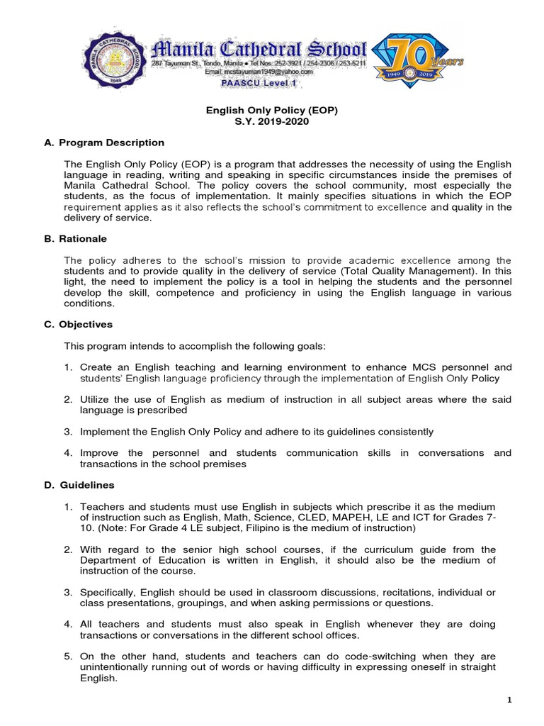 English Only Policy (EOP) S.Y. 2019-2020 A. Program Description | PDF ...