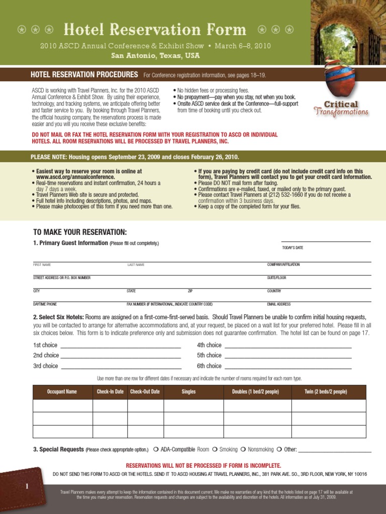 ASCD 2010 AC Hotel Reservation Form | PDF | Hotel | Credit Card