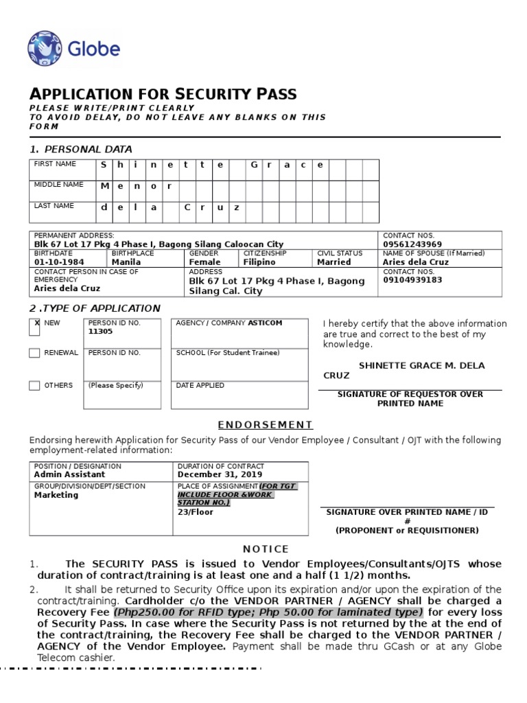 Pplication For Ecurity ASS: 1. Personal Data | PDF | Government And ...