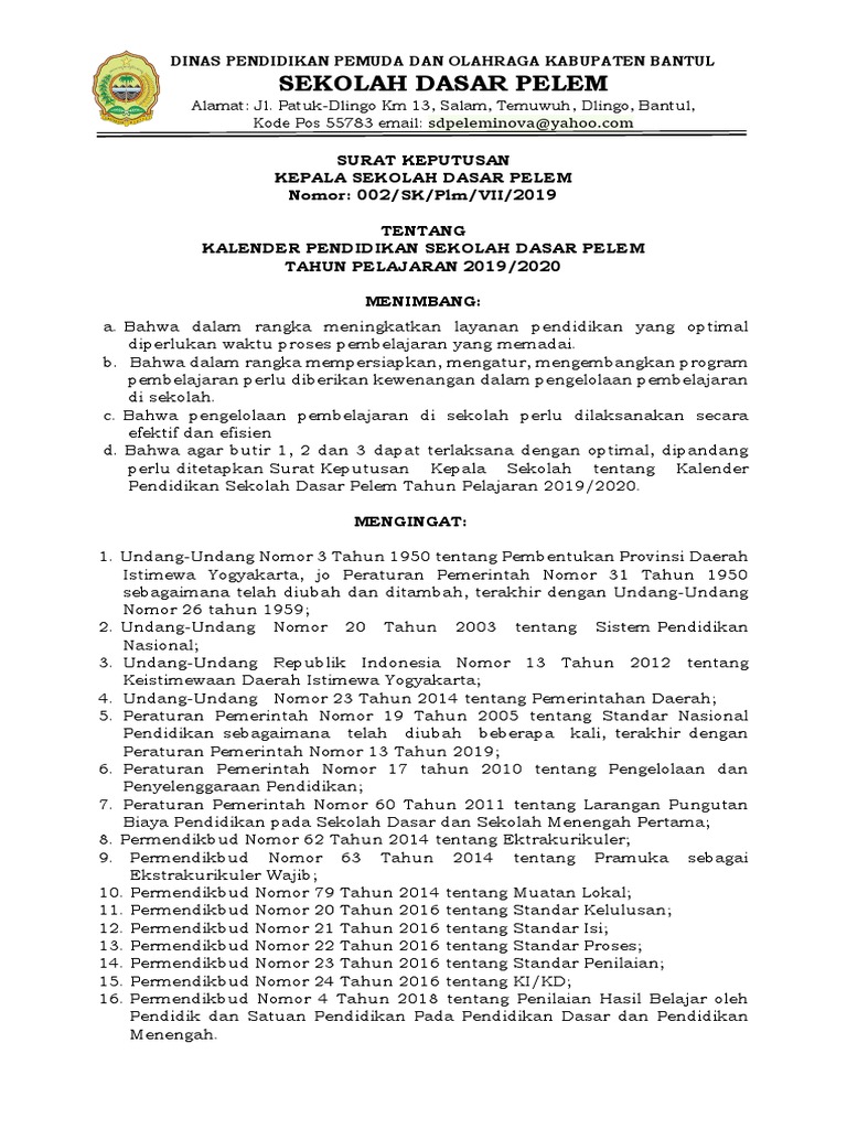 SK Penetapan Kalender Pendidikan Sekolah | PDF