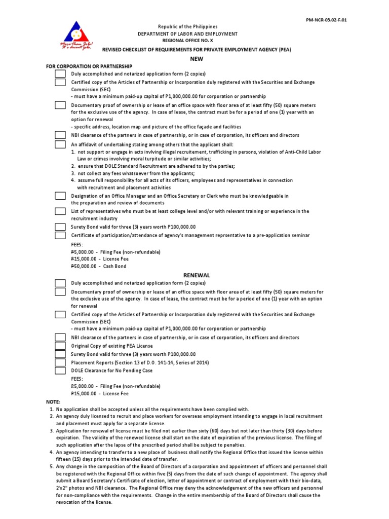 Revised Checklist of Requirements For Private Employment Agency (Pea) | PDF | Notary Public ...