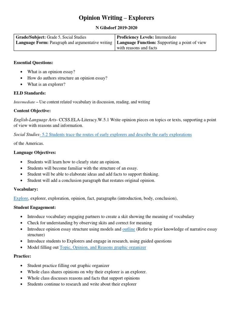 Opinion Writing Sdaie Lesson Plan | PDF | Opinion | Essays