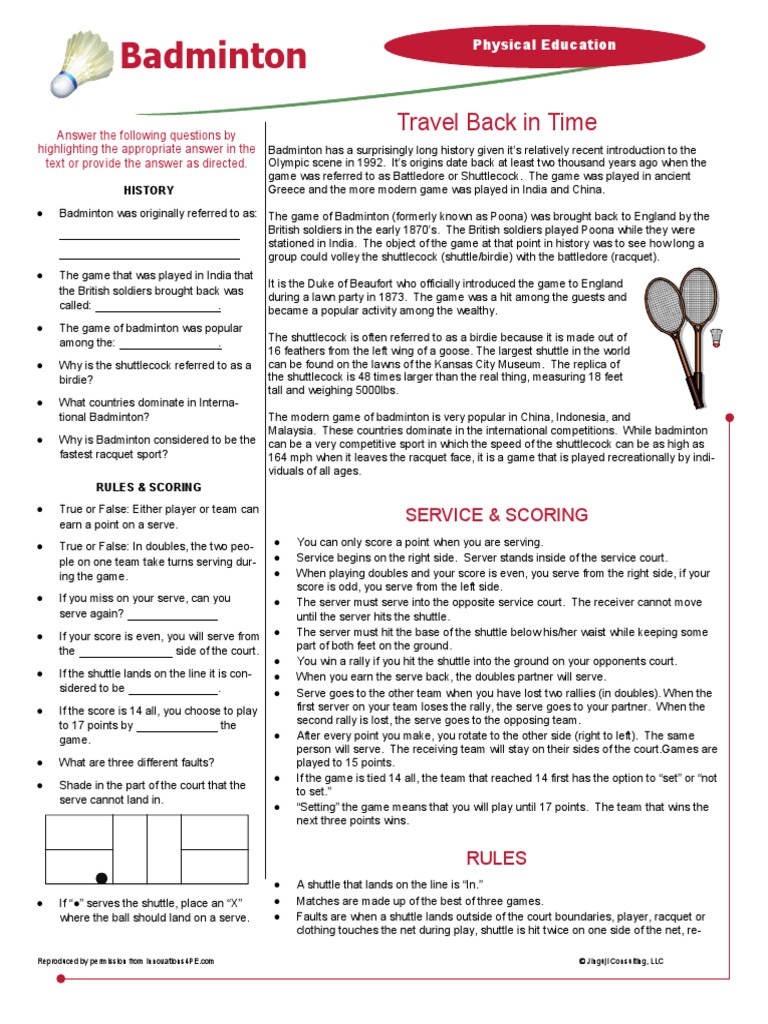 Badminton Worksheet 2 | PDF | Racquet Sports | Athletic Sports