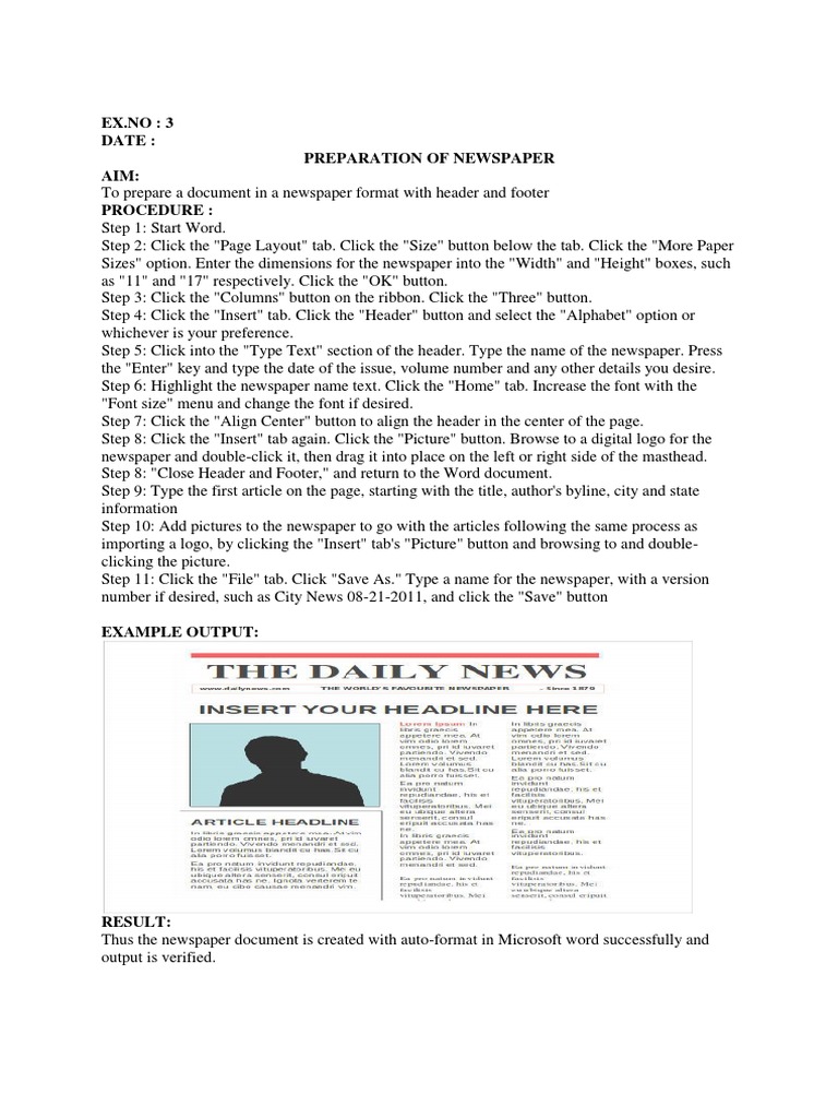 EX - NO: 3 Date: Preparation of Newspaper Aim: Procedure | PDF | Tab ...