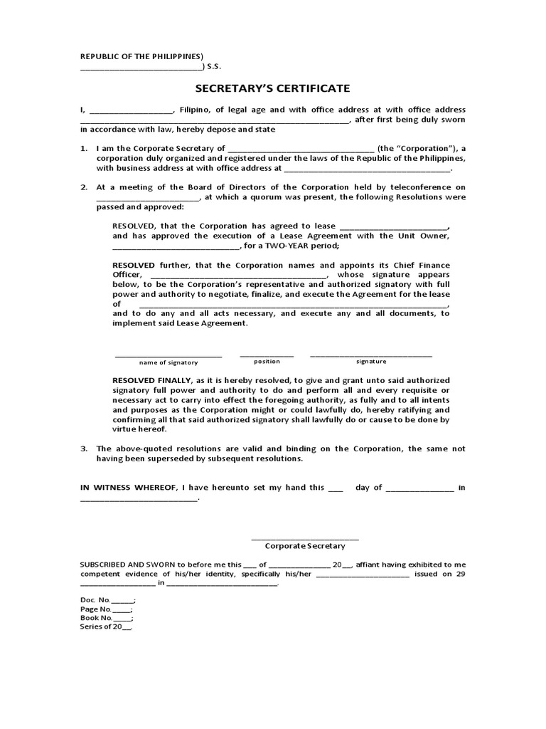 Secretary's Certificate for Authorized Signatory | PDF | Signature ...