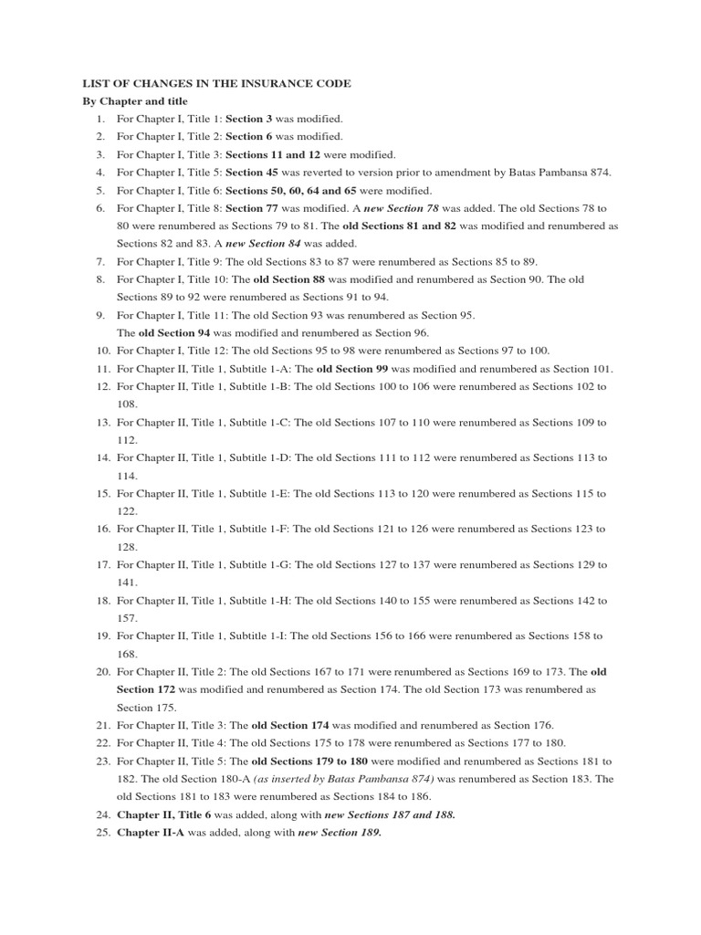 Insurance Code Changes Summary | PDF | Legal Documents | Government
