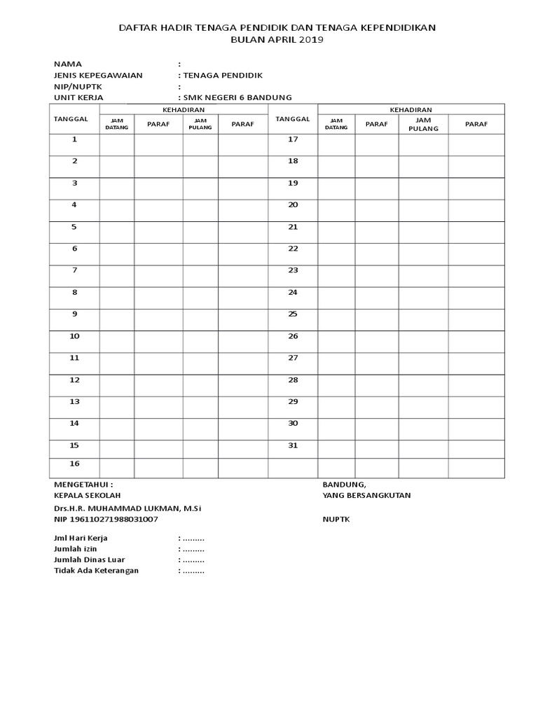 Format Absen Guru Bulan April 2019 | PDF