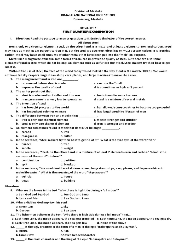1st Quarter Exam G7 | PDF | Steel | Iron