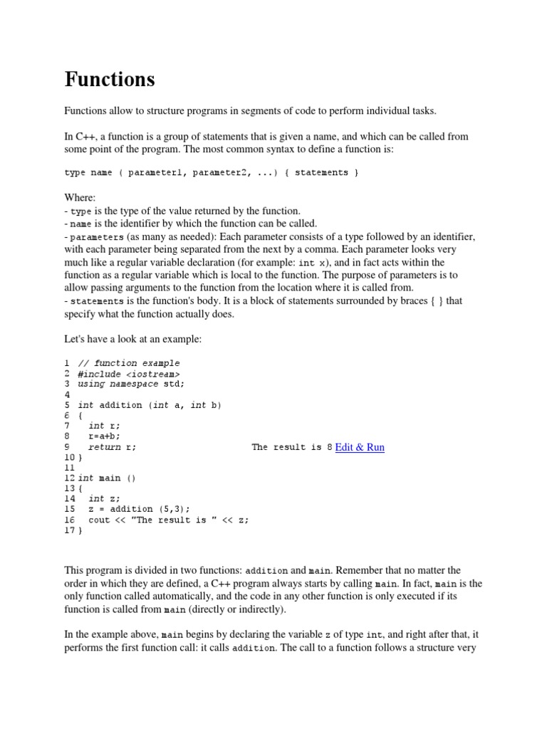 Functions: // Function Example #Include Using Namespace STD Int ...