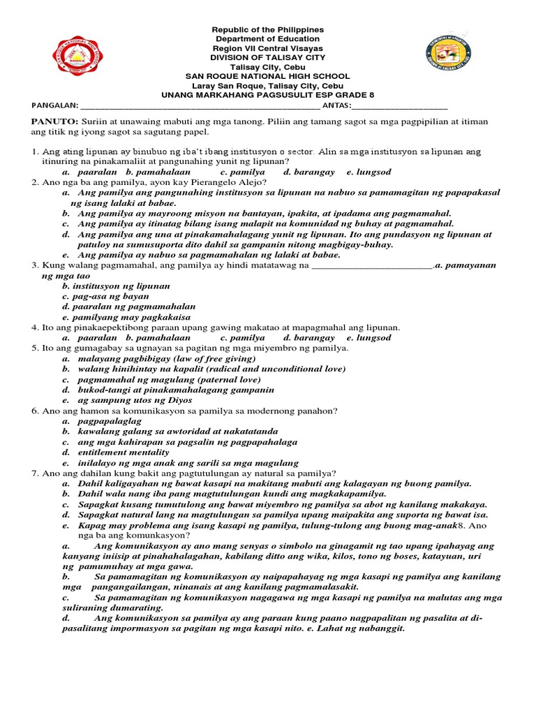 8 Esp Grade 8 1st Quarter Examination | PDF