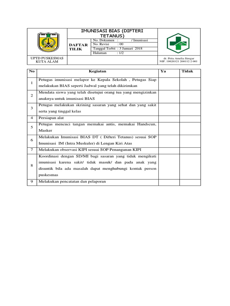 Daftar Tilik Imunisasi Bias DT | PDF