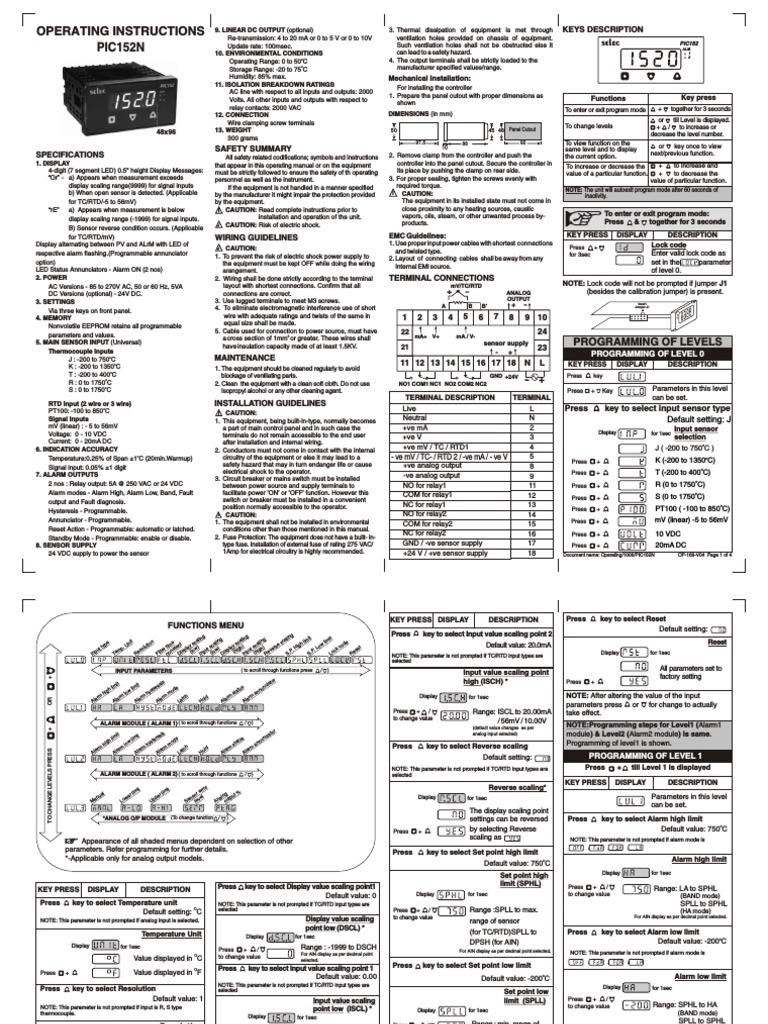 Operating Instructions PIC152N: Keys Description | PDF | Parameter (Computer Programming) | Relay