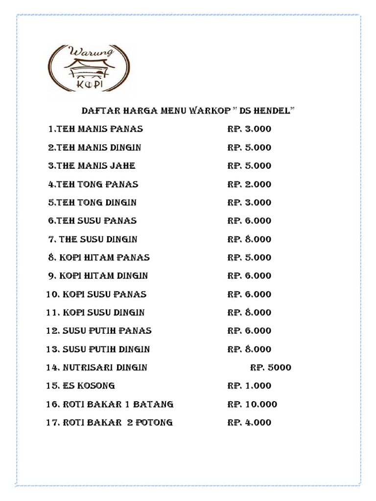 Daftar Harga Menu Warkop DS Hendel | PDF