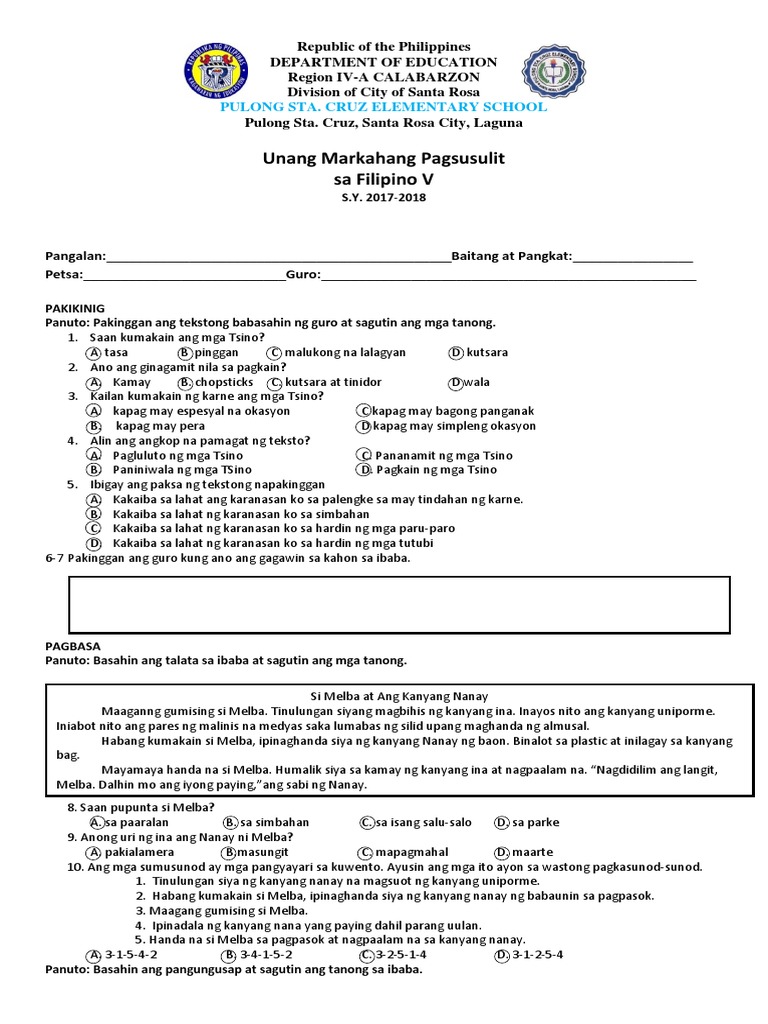 Grade 5 First Periodical Test in Filipino
