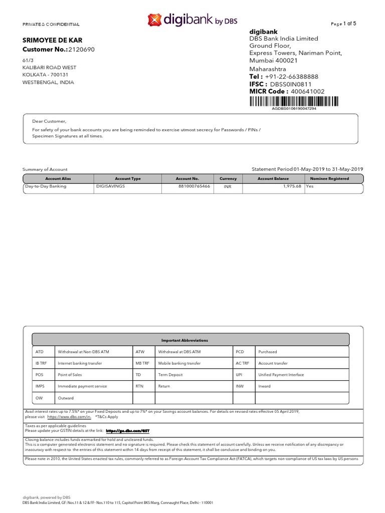 DBS Bank Account Statement May 2019 | PDF | Debits And Credits | Point ...