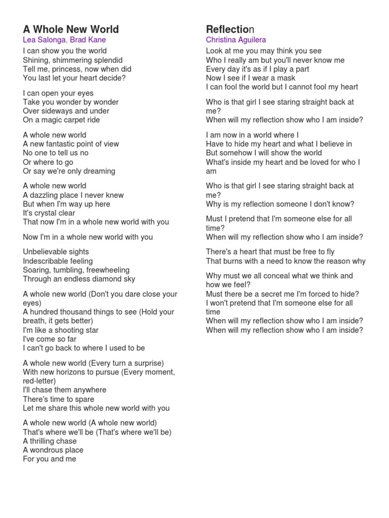 A Whole New World Reflection: Lea Salonga Brad Kane Christina Aguilera ...