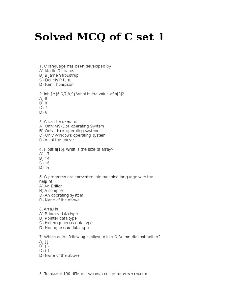 Solved Mcq Of C Set 1 Pdf C Programming Language Data Type 1667