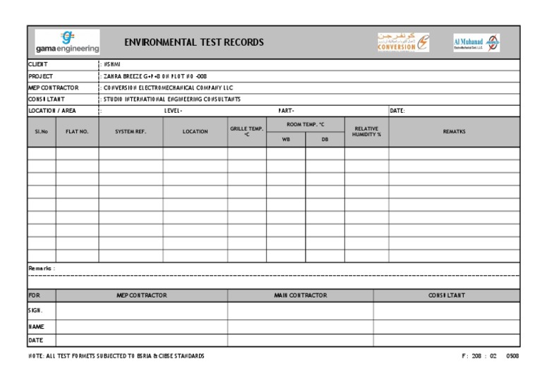 Environmental Test Records: Client Project Mep Contractor Consultant ...