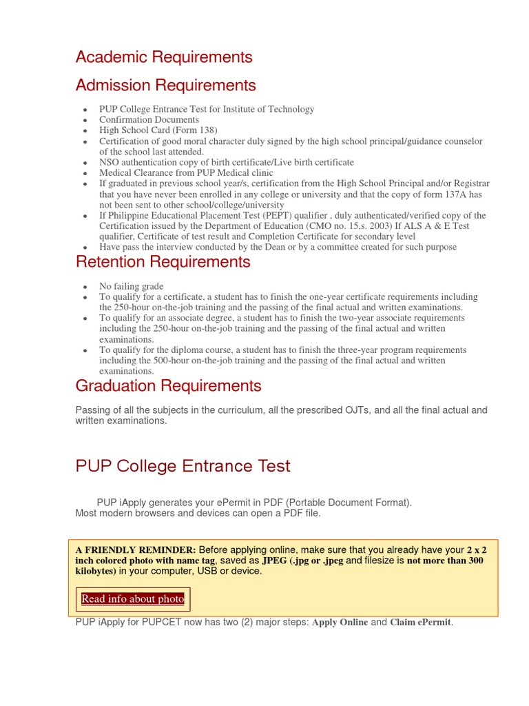 PUP Academic Requirements | PDF | University And College Admission ...