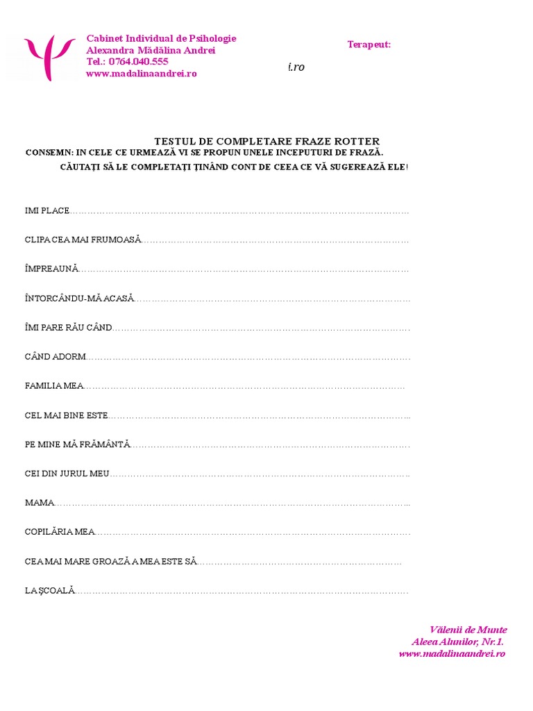 WWW - Madalinaandrei.ro: Testul de Completare Fraze Rotter | PDF