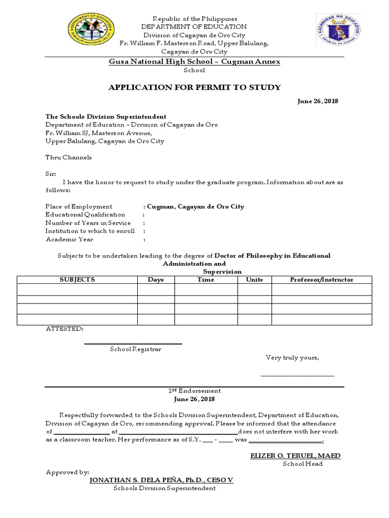 Application For Permit To Study: Gusa National High School - Cugman ...