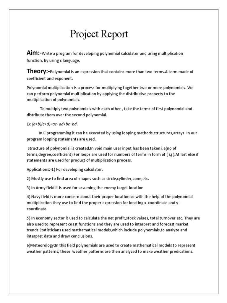 Project Report: Aim:-Theory | PDF | Polynomial | Multiplication