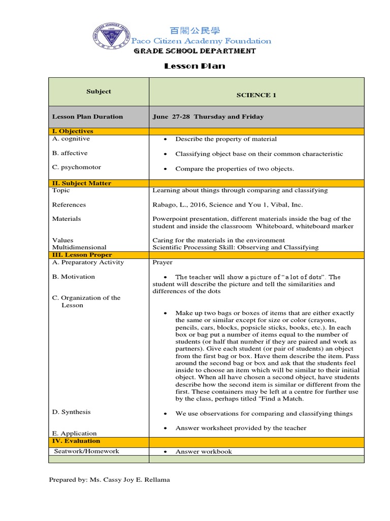 LP Science 1 Lesson 2 Comparing and Classifying | PDF | Lesson Plan ...