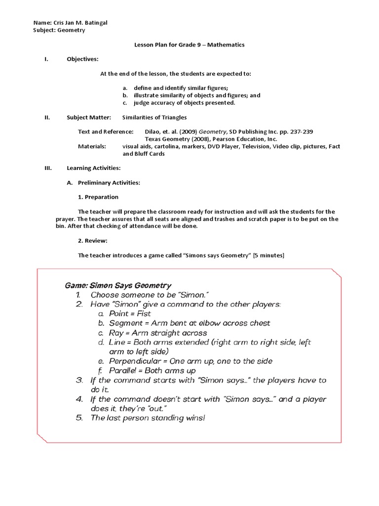 Lesson Plan - Simiarities of Triangle | PDF | Shape | Triangle