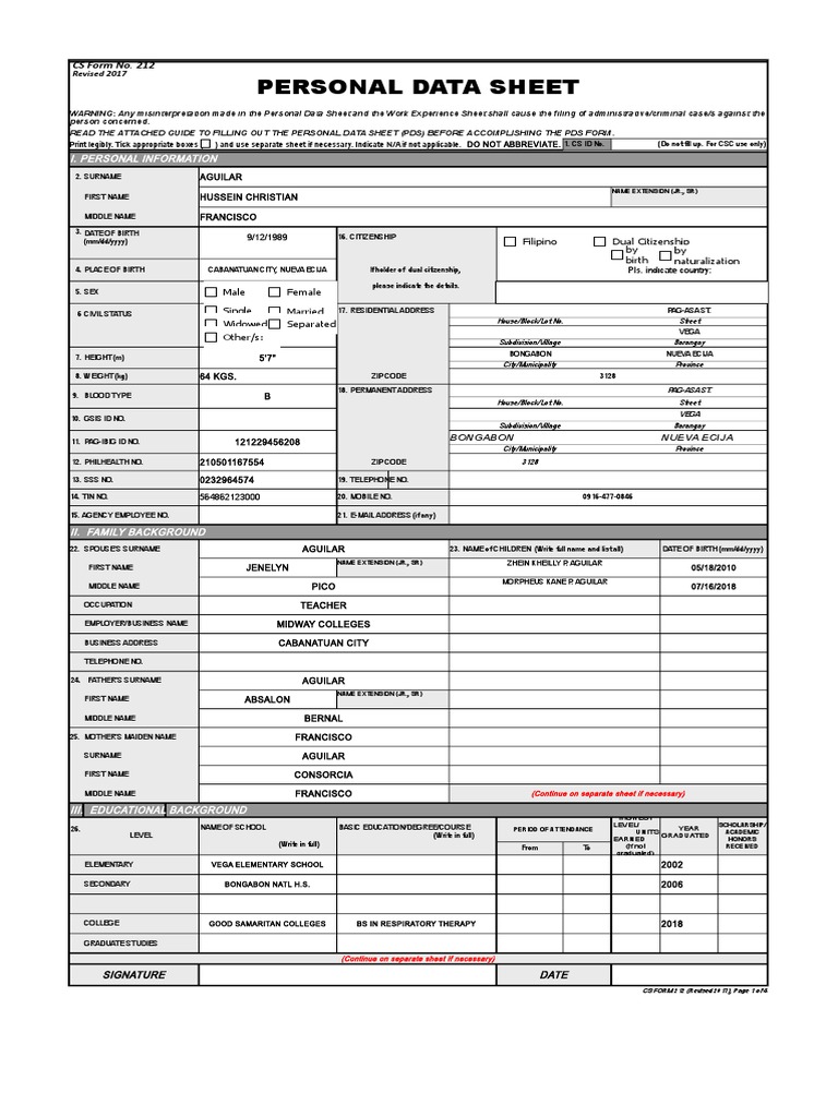 Personal Data Sheet (PDS) Guide | PDF | Employment | Crime & Violence