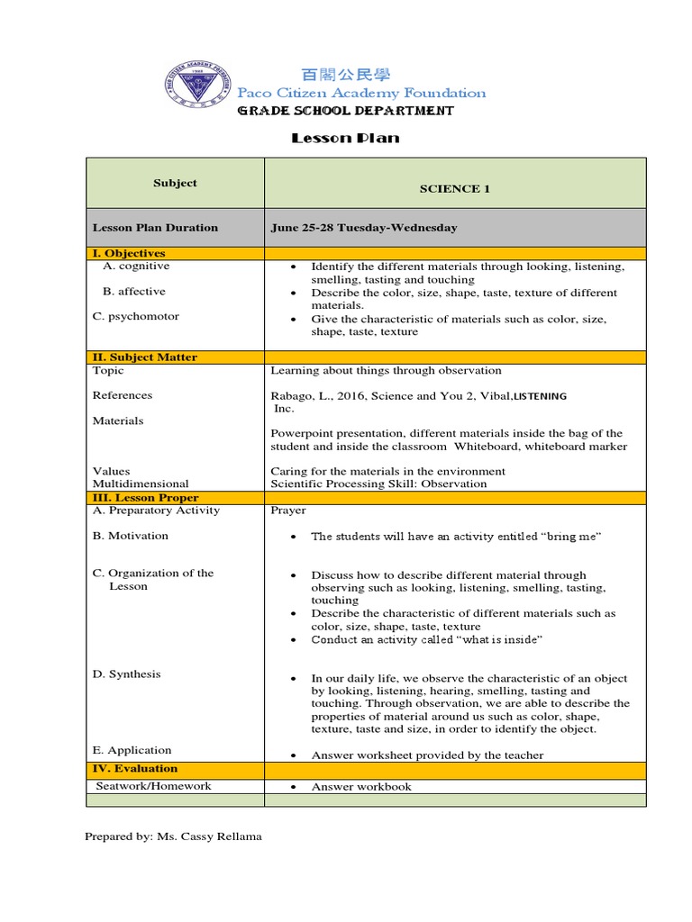 LP Science 1 Lesson 1 Observing Objects | PDF | Observation | Lesson Plan