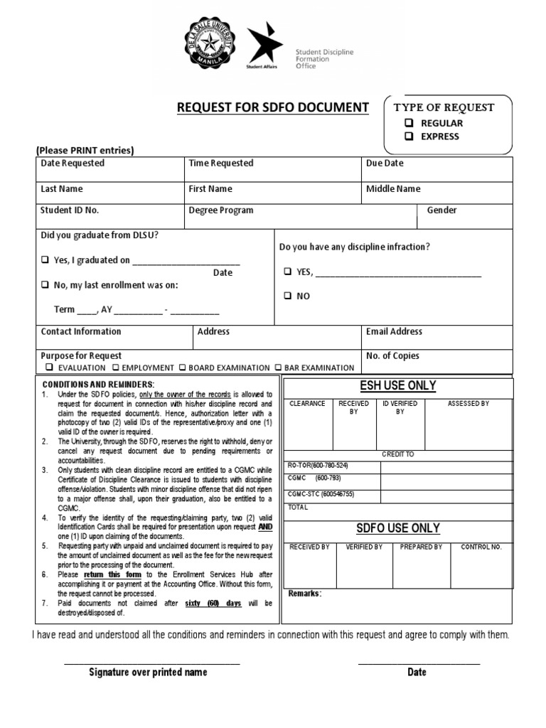 Request For Sdfo Document: Type of Request Express (Please PRINT ...