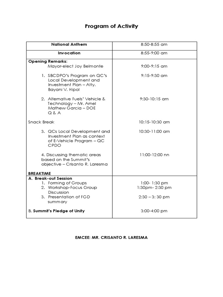 Program of Activity: National Anthem Invocation Opening Remarks | PDF