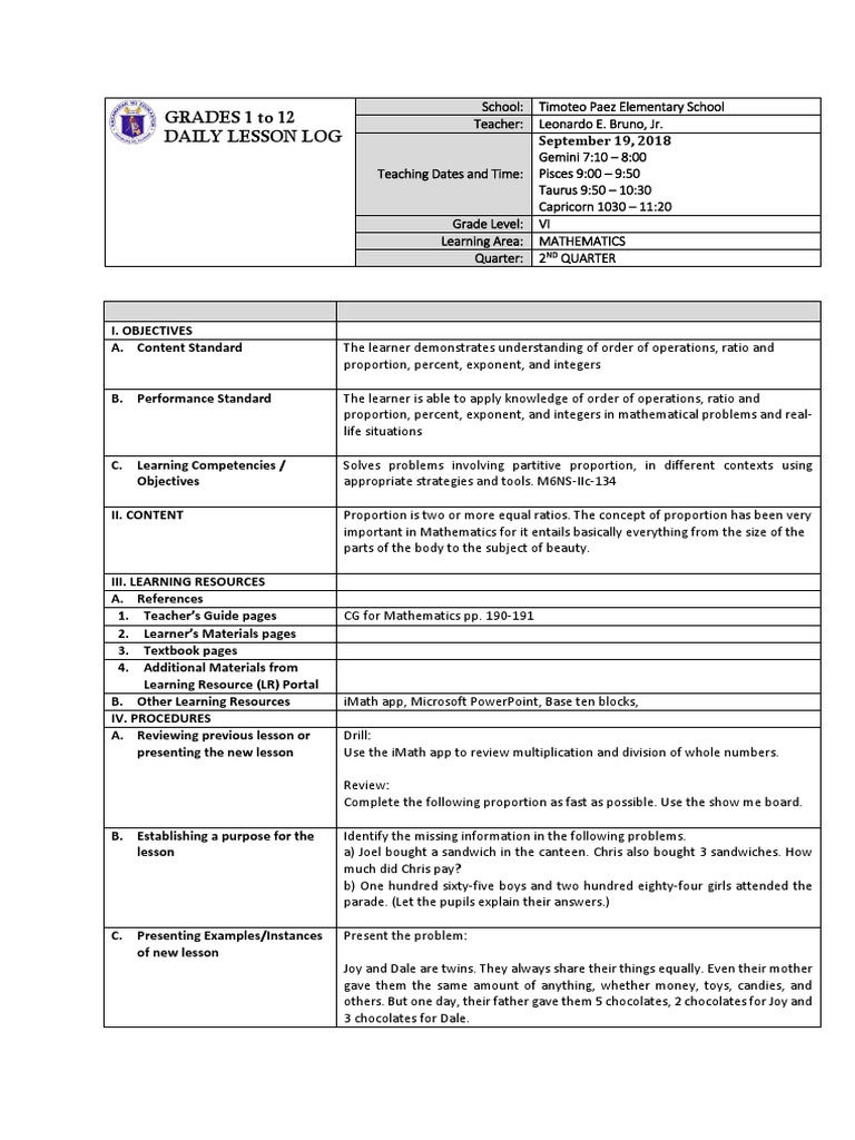 DLP 9 18 Ratio and Proportion | PDF | Ratio | Learning