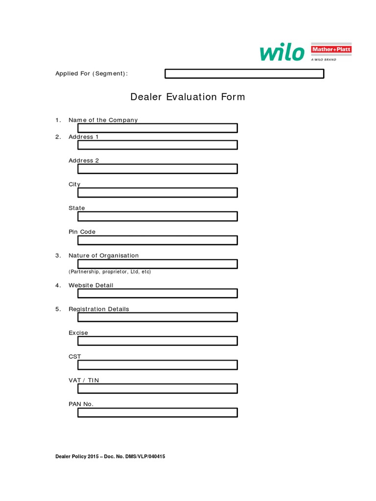 Wilo Dealer Evaluation Form | PDF | Banks | Business