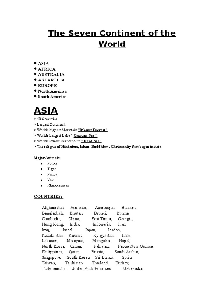 The Seven Continent of The World: Countries | PDF | Asia