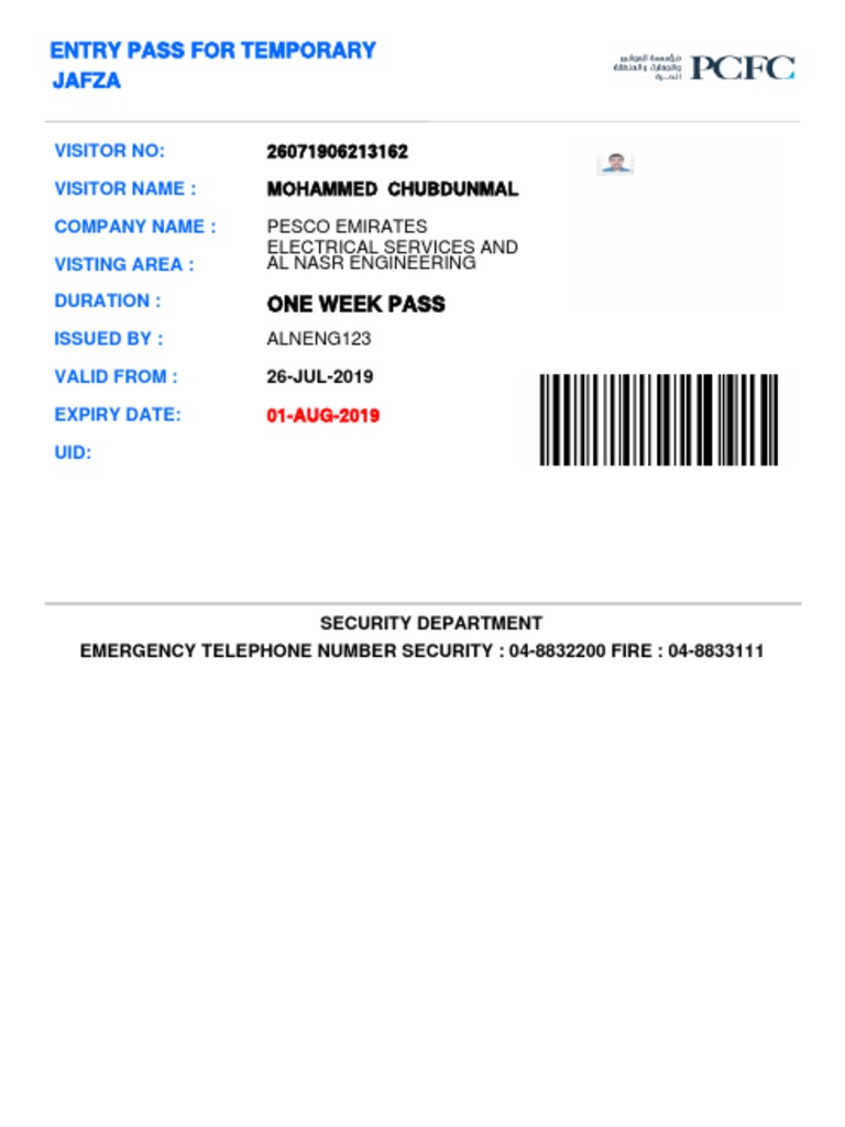 One Week Pass: Entry Pass For Temporary Jafza | PDF