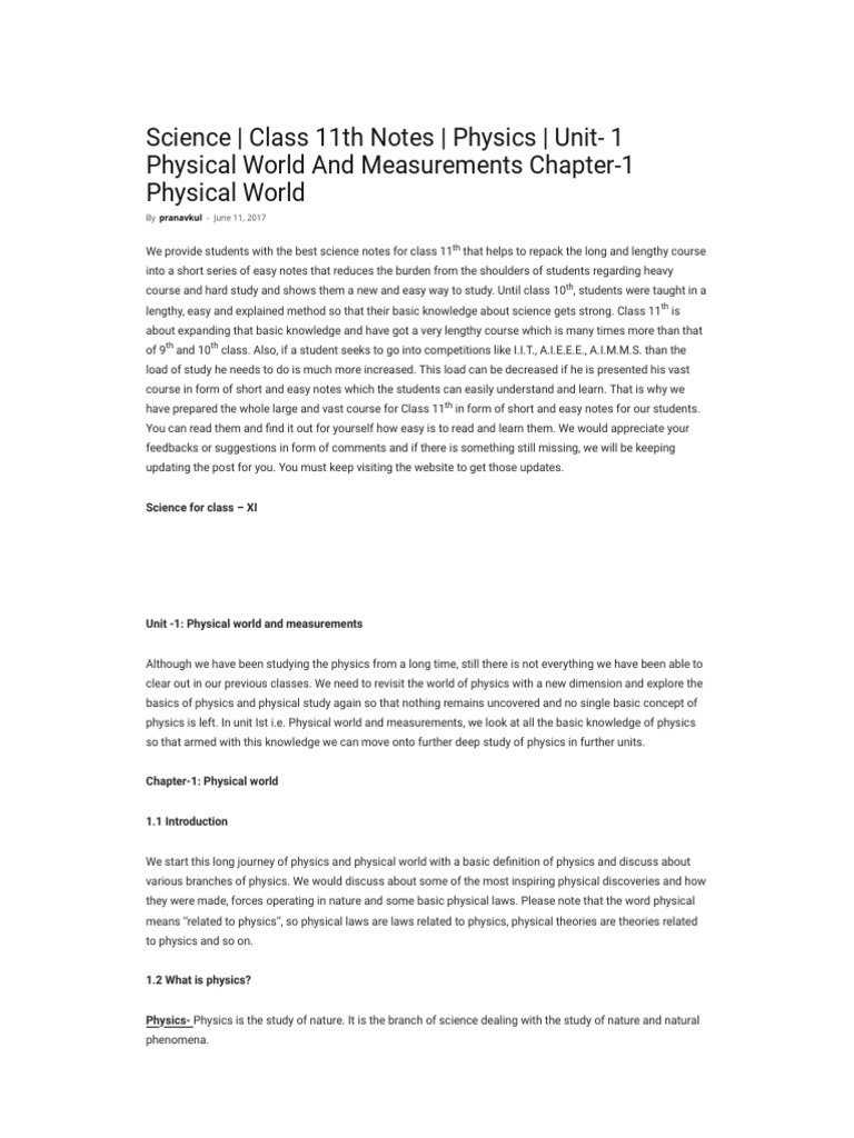 Science - Class 11th Notes - Physics - Unit - 1 Physical World and ...