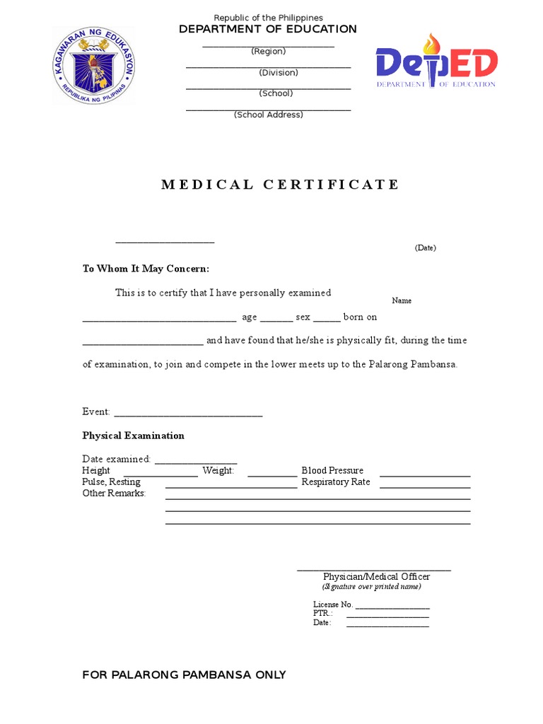 Medical Certificate: Department of Education | PDF