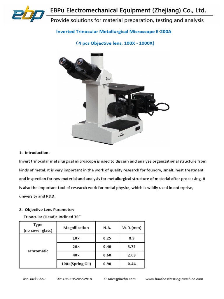Inverted Trinocular Metallography Microscope E-200A | PDF