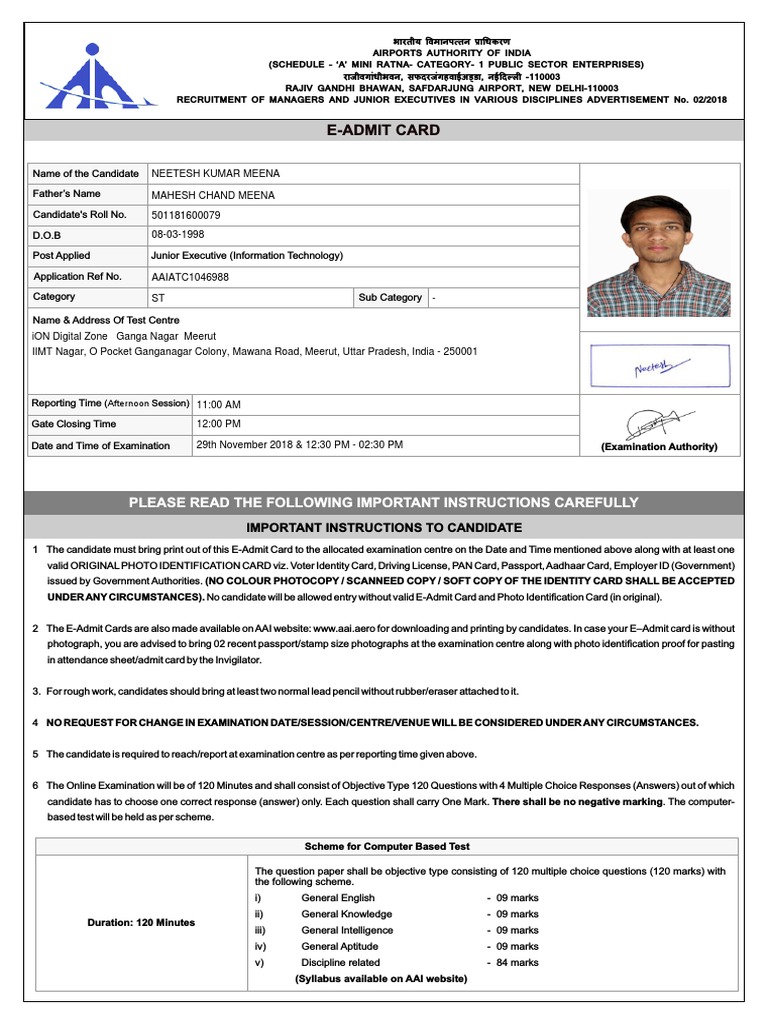 E-Admit Card: Please Read The Following Important Instructions ...