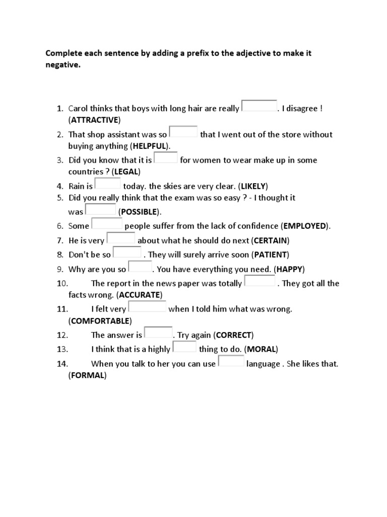 Negative Prefixes: Adjective Practice | PDF