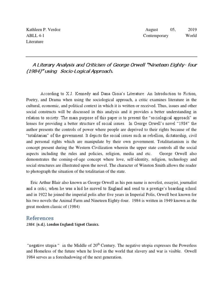A Literary Analysis and Criticism of George Orwell "Nineteen Eighty ...